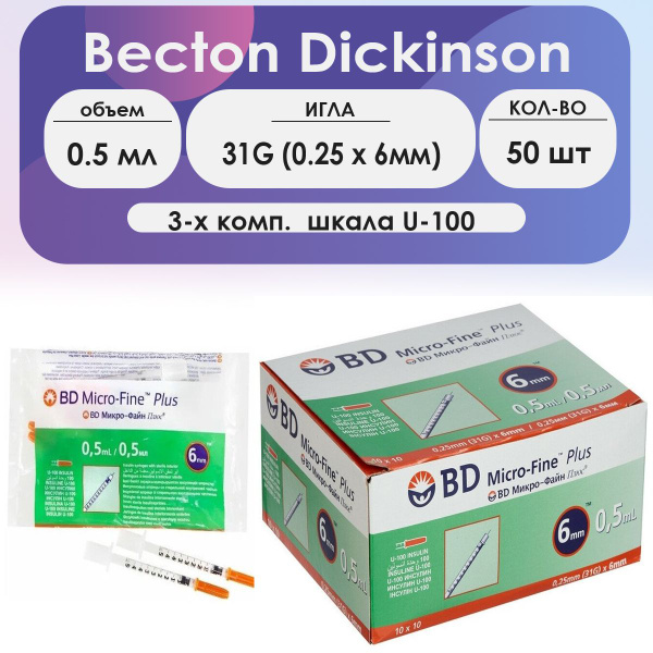 Шприц BD Micro-Fine Plus (3-комп.) 0,5мл шкала U100 игла 31G (0.25х6мм ...