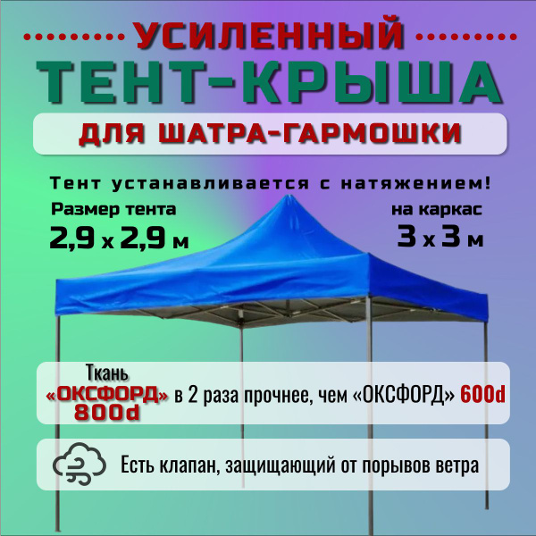Тент крыша для шатра УСИЛЕННЫЙ 3х3 800D без каркаса синий - купить с ...