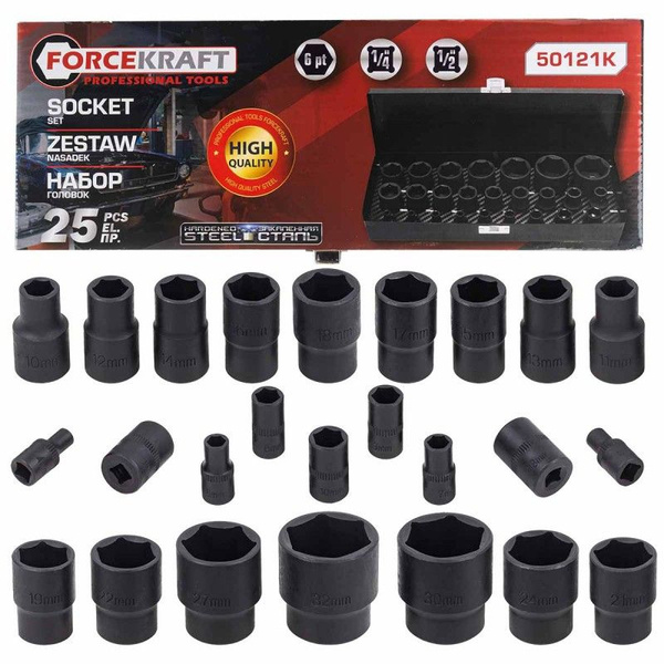 Торцевая головка ForceKraft Набор ударных головок 1/4'', 1/2'', 25 предметов, 6гранные, 290 мм ...