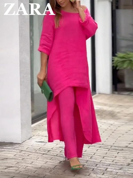 Комплект одежды Женский Zara красная слива, размер 46 Полиэфирное волокно Бег, Фитнес Камуфляж ...