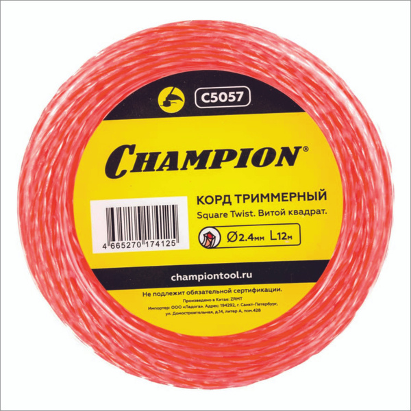 Леска для триммера Корд трим.CHAMPION Square Twist DUO 2.4мм *12м ...