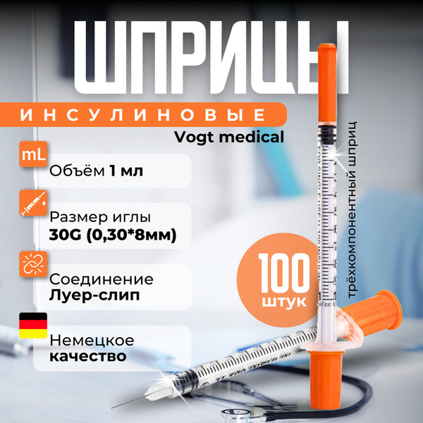 Шприц инсулиновый медицинский 1 мл со встроенной иглой 30G 100 шт ...