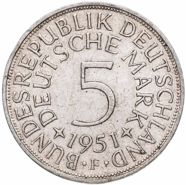Монета Германия 5 марок deutsche mark 1951 Fзнак монетного двора: F ...