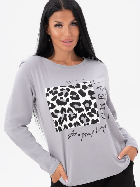 Лонгслив Женский Sofia trikotaz серый Длинный, размер 52 Хлопок свободный Леопардовый ...