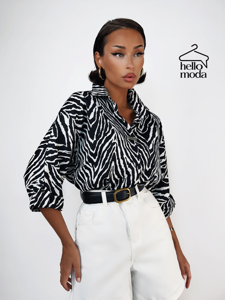 Блузка Женский HELLO MODA! черный, белый Полиэстер Три четверти Анималистический, размер 50 ...