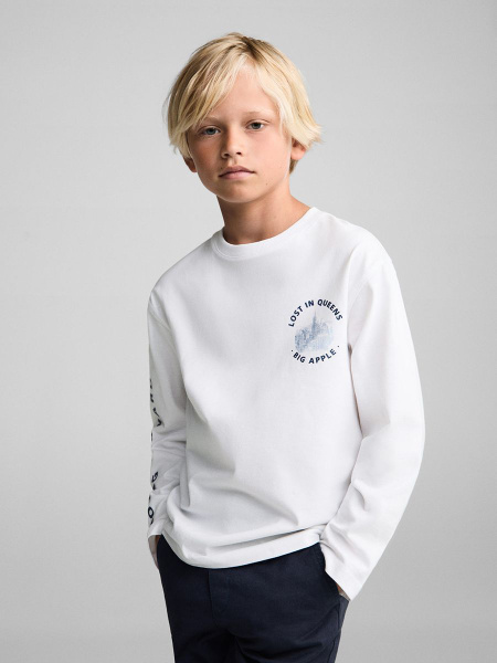 Лонгслив Мальчики MANGO Kids светло-бежевый, размер 152 Хлопок Повседневный купить c доставкой ...