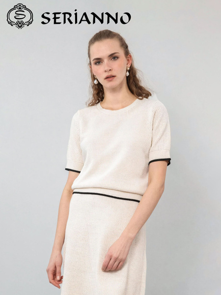 Джемпер Женский SERiANNO слоновая кость, светло-бежевый Хлопок, Акрил, размер 44 Без застежки ...