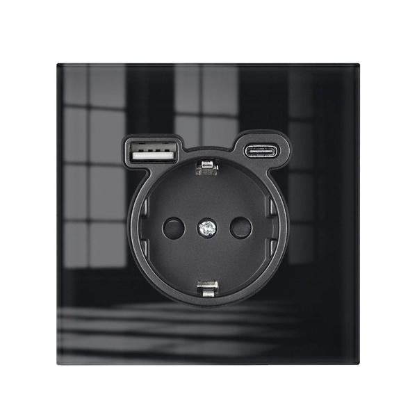 Розетка Черная с Usb и Type C портами рамка из закаленного стекла евро стандарт со шторками 16А