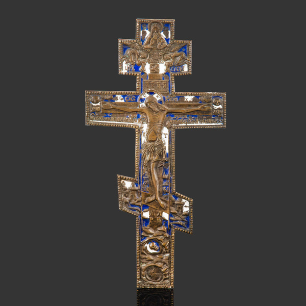 Крест напрестольный Распятие Христово с молитвой на обороте, латунь, литье, двухцветная эмаль ...