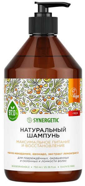 Шампунь Synergetic Максимальное питание и восстановление для поврежденных, окрашенных и склонных ...