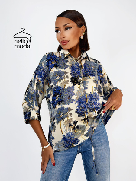 Блузка Женский HELLO MODA! синий, электрик Полиэстер Три четверти, размер 56 Шнурок Россия ...