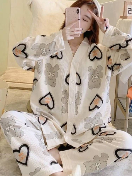 Пижама Женский SAIMEIQI с рубашкой, с брюками Бамбуковое волокно, размер 46 кремовый, бабл гам ...