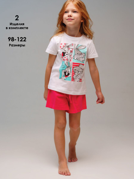 Комплект одежды Девочки PlayToday Повседневный белый, красный, размер 104 Трикотаж Надписи Индия ...