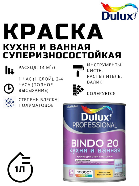 Краcка кухня ванная, суперизносостойкая, влагостойкая DULUX BINDO 20 полуматовая, белая, база BW ...