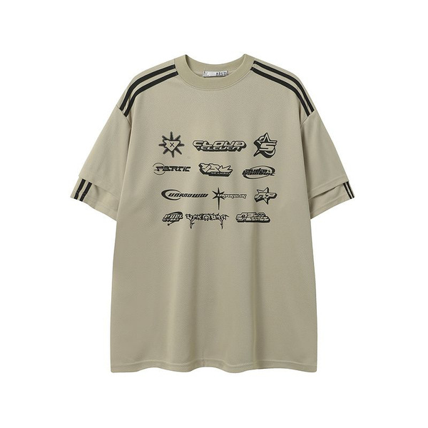 Футболка Мужской светлый хаки Короткий размер 50 Надписи Орнамент Повседневный Китай рост 160
