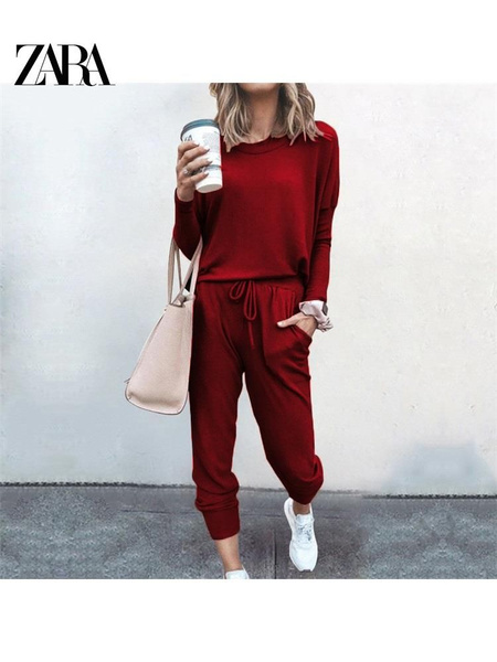 Комплект одежды Женский Zara Повседневный винно-красный, размер 46 Хлопок Однотонный, рост 155 ...