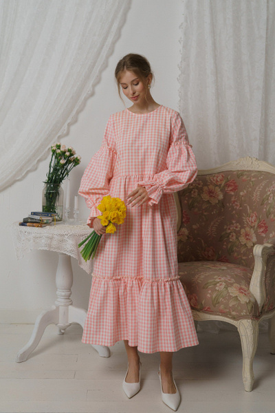 Платье Женский Cher-Neva розовый прямое Вечерний/праздничный Длинный Хлопок Рюши, размер 48 ...