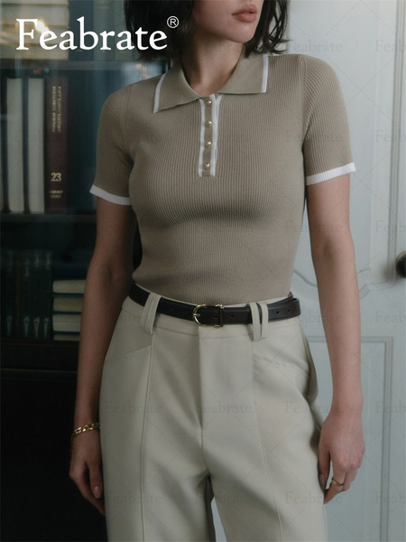 Поло Женский Feabrate светлый хаки Короткий, размер 46 Хлопок, Полиэфирное волокно Однотонный ...