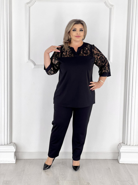 Комплект одежды Женский Assorti-moda Вечерний/праздничный брючный черный, размер 62 Трикотаж ...