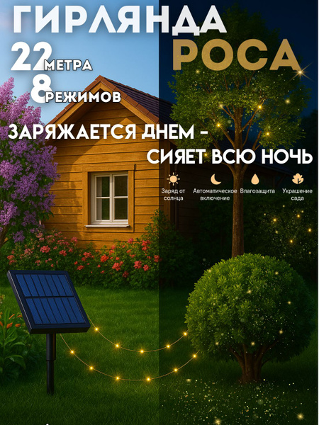 Гирлянда на солнечных батареях уличная 22 м Светодиодная садовая нить роса купить C доставкой