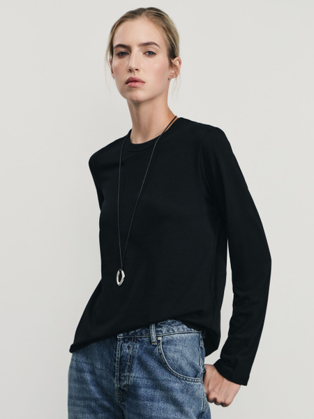 Лонгслив Женский Zarina черный Длинный, размер 48 Хлопок, Эластан прямой Однотонный Повседневный ...