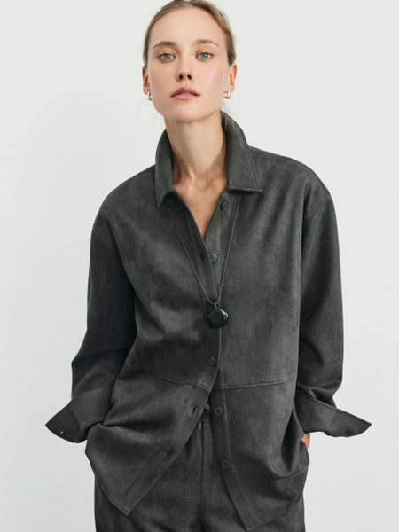 Блузка Женский Zarina оливковый Полиэстер, Эластан Длинный Однотонный, размер 48 оверсайз ...