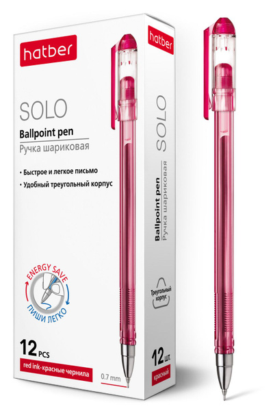 Ручка шариковая Hatber Solo Красная 0,7мм игольчатый пишущий узел трехгранный корпус 12шт ...