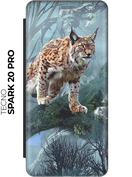 Чехол книжка на Tecno Spark 20 Pro Техно Спарк 20 Про с рисунком Дикая рысь черный купить