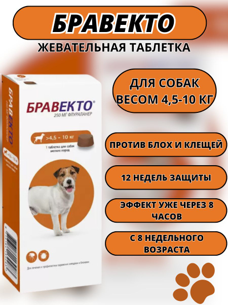 Бравекто (Bravecto) 4.5- 10 кг, таблетка 250 мг (07.2024) - купить с ...