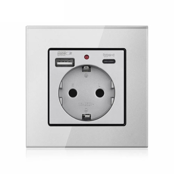 Розетка электрическая с Usb Type C Ac 1 пост 16А рамка 86х86 стекло серебро купить на Ozon по