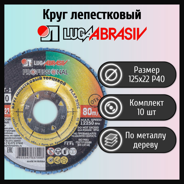 Круг лепестковый торцевой КЛТ 125х22 Р40 Луга Абразив, 10 шт купить на ...