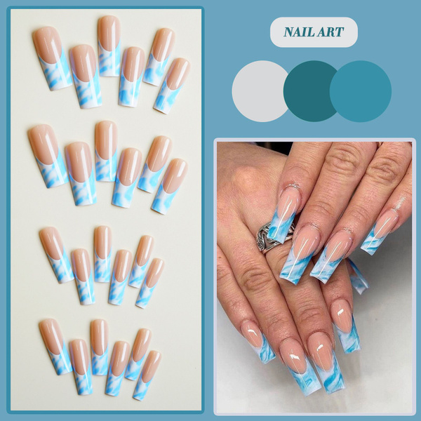 24 шт длинные французские накладные ногти длинные квадратные цветущие синие волны дизайн