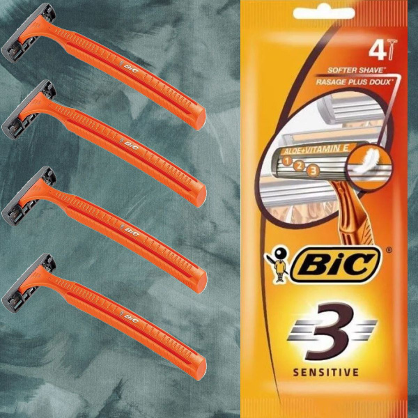 Бритва мужская одноразовая BIC 3 Sensitive, 3 лезвия, увлажняющая полоска, 4 штуки в упаковке ...