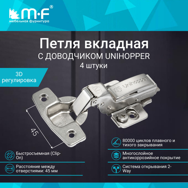 Петля мебельная вкладная 45 мм с доводчиком UNIHOPPER быстросъемная ...