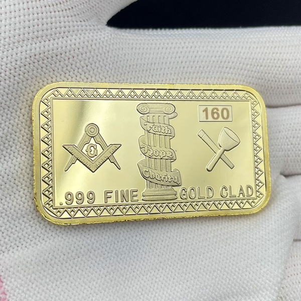 Золотой слиток с эмблемой масонов, 50*30*3 мм, металлический сплав ...