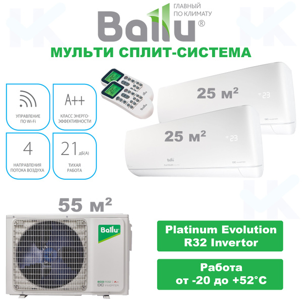 Инверторная мульти сплит-система Ballu Platinum Evolution на 2 комнаты (25 м2 + 25 м2) с ...
