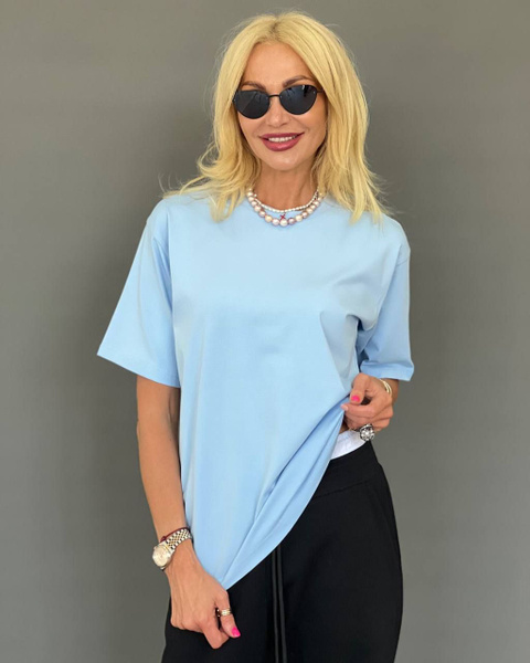 Футболка Женский MATROSOVA голубой Короткий, размер 48 Хлопок свободный Спортивный Россия купить ...