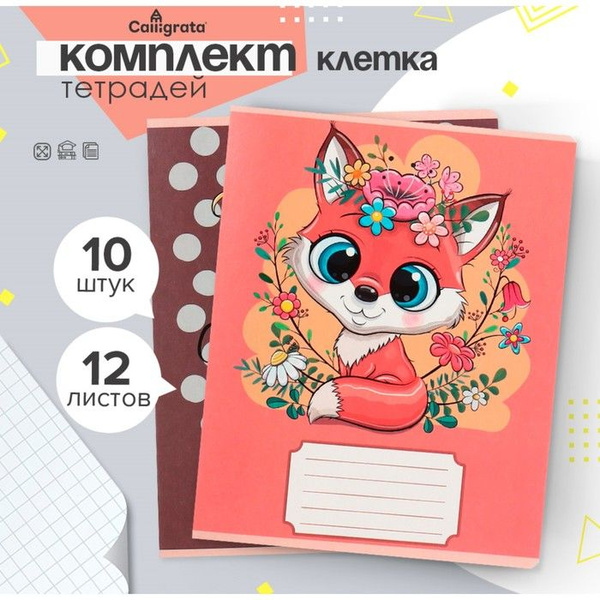 Комплект тетрадей из 10 штук, 12 листов в клетку, обложка мелованная ...
