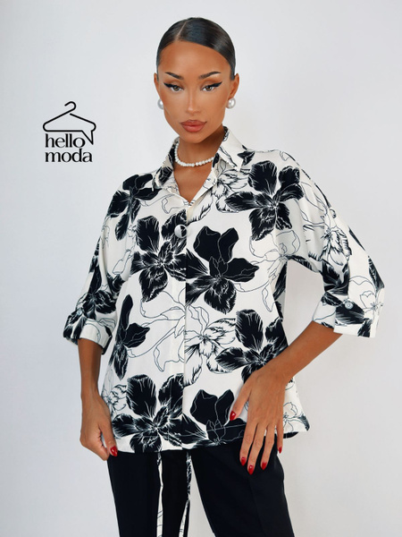 Блузка Женский HELLO MODA! молочный, черный Полиэстер Три четверти Анималистический, размер 44 ...