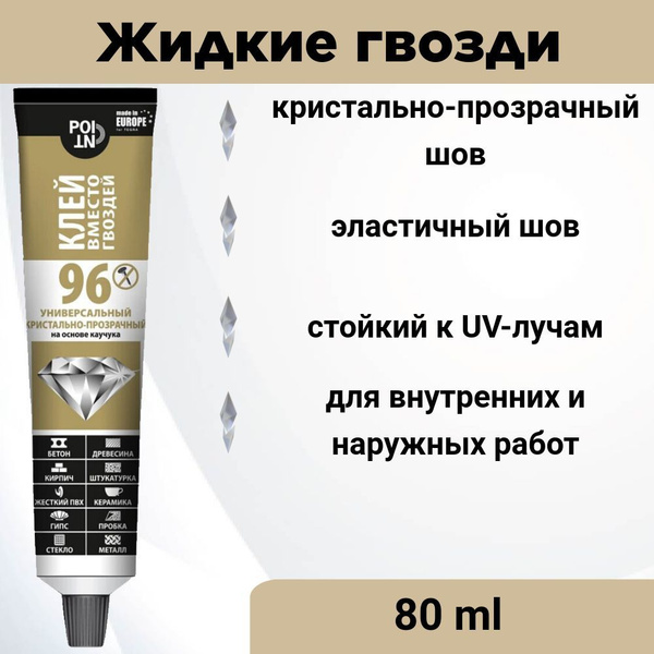 Монтажный клей вместо гвоздей (жидкие гвозди) POINT 96, кристально ...