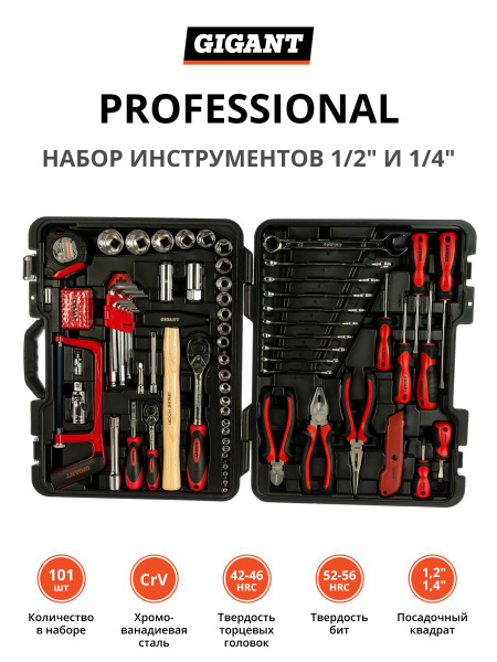 Характеристики Gigant Professional Набор инструментов 1/2" и 1/4" 101 предмета GPS 101 подробное ...