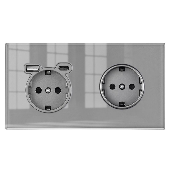 Розетка двойная с Usb и Type C входами 2 поста рамка закаленное стекло 153mm 82mm цвет серый