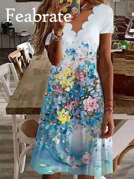 Платье Женский Feabrate синий Пляжный Короткий Терилен, размер 56 Без застежки Деграде, Пэчворк ...