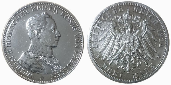 Германская империя Пруссия 3 марки, 1914 Вильгельм II XF купить на OZON по низкой цене (1767423870)