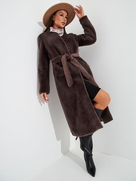 Пальто Женский Oli love Пояс/ремень шоколадный шалька Замша искусственная, Мех искусственный ...