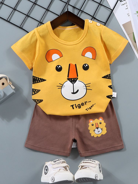 Домашний комплект Девочки, Мальчики BCATON Хлопок, размер 74 ярко-желтый Анималистический ...