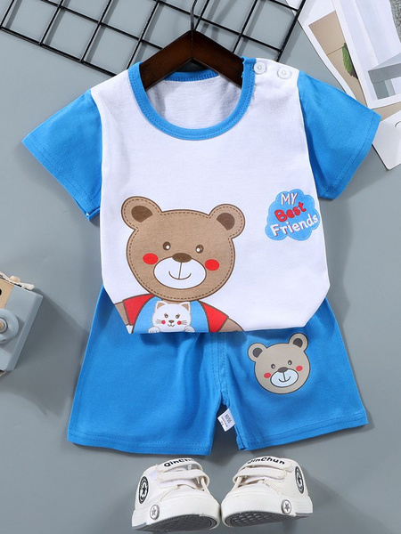 Домашний комплект Девочки, Мальчики BCATON Хлопок, размер 74 ярко-синий Анималистический ...