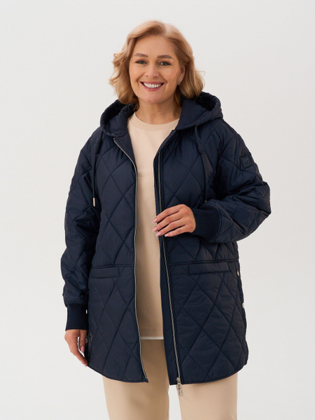 Куртка Женский Elfina Карманы темно-синий Полиэстер, размер 50 Длинный Демисезон прямой Синтепон ...