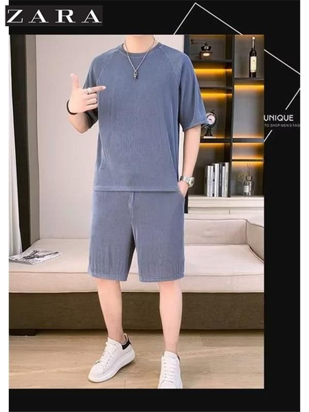 Комплект одежды Мужской Zara двойка, с шортами темно-серый, размер 52 Политекс Однотонный, рост ...