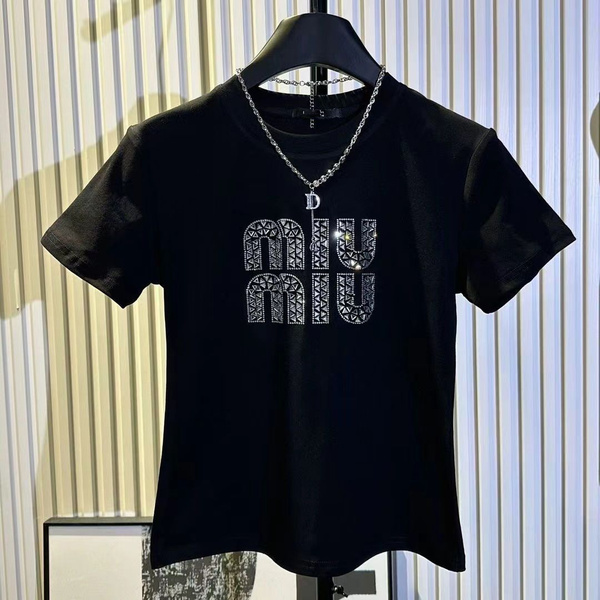 Футболка Женский Мужской Miu Miu черный Короткий размер 42 Хлопок Однотонный облегающий